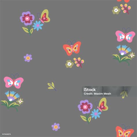 회색 배경에 작은 보라색 꽃 빨간색과 분홍색 나비의 패턴입니다 벽지 인쇄 포스터 엽서에 대 한 귀여운 미적 구성 0명에 대한 스톡 벡터 아트 및 기타 이미지 Istock