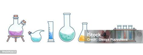 둥글고 평평한 바닥 플라스크 용액과 시약이 있는 튜브 실험실 유리 제품 화학 반응 개체 그룹에 대한 스톡 벡터 아트 및 기타 이미지 개체 그룹 검사 보기 과학