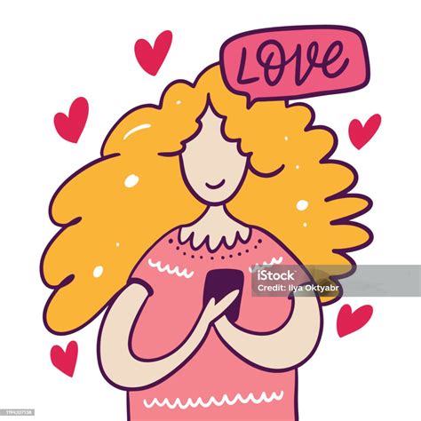 무성한 머리 Deauchka는 스마트 폰에 보인다 채팅에서 사랑 문구 소셜 미디어 영향 개념 경영자에 대한 스톡 벡터 아트 및 기타 이미지 Istock