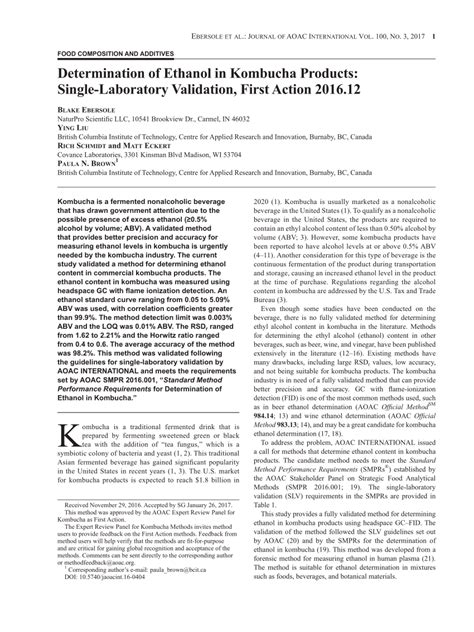 Pdf Determination Of Ethanol In Kombucha Products Single Laboratory Validation First Action