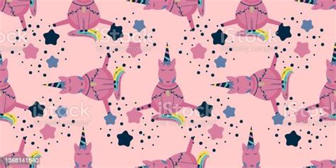 스타와 스칸디나비아 유니콘 원활한 패턴 뿔이 달린 분홍색 말이 어두운 배경에 앉아 있다 밝은 무지개와 어린이 직물 0명에 대한 스톡 벡터 아트 및 기타 이미지 Istock