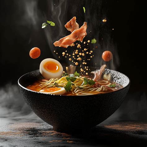 공중에 떠 있는 라면 수프 재료