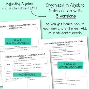 Key Features Quadratic Functions Algebraically Differentiated Notes