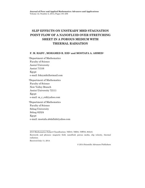 Pdf Slip Effects On Unsteady Mhd Stagnation Point Flow Of A Nanofluid Over Stretching Sheet In