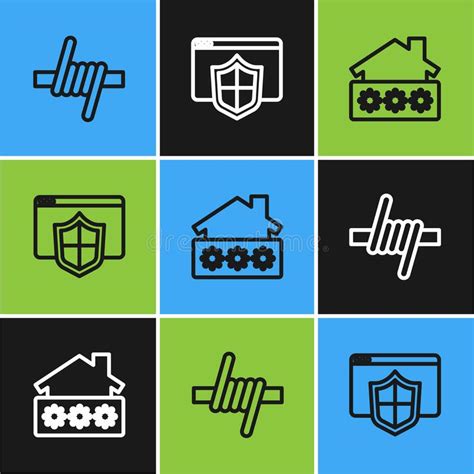 Set Line Barbed Wire House With Password And Browser Shield Icon