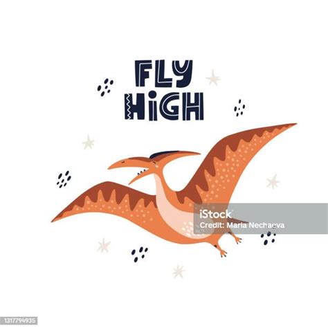 Pterodactyl와 보육에 대 한 귀여운 포스터와 높은 글자를 비행 Hand 그린 벡터 일러스트레이션 0명에 대한 스톡 벡터