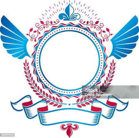 로얄 릴리 꽃 월계관 기호와 장식 리본을 사용 하 여 만든 그래픽 상징 팔의 문장 학 외 투 절연 장식 아이콘 벡터 일러스트 경호에 대한 스톡 벡터 아트 및 기타 이미지