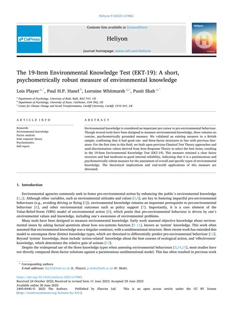 Pdf The 19 Item Environmental Knowledge Test Ekt 19 A Short Psychometrically Robust