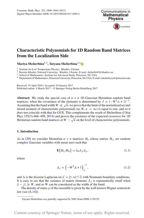 Characteristic Polynomials For 1d Random Band Matrices From The Localization Side Request Pdf