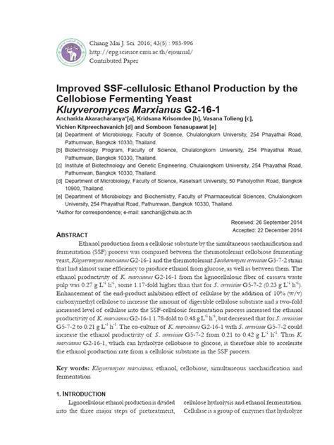 Paper1 Improved Ssf Cellulosic Ethanol Production By The Cellobiose Fermenting Yeast