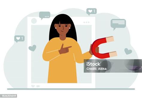 소셜 미디어 인플루언서 한 여성이 소셜 프로필 프레임에 자석을 들고 있습니다 다양한 아이콘 고객에 대한 스톡 벡터 아트 및 기타 이미지 Istock