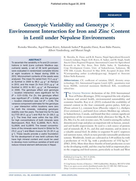 Pdf Genotypic Variability And Genotype × Environment Interaction For Iron And Zinc Content In
