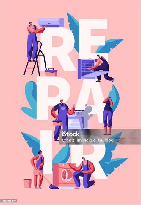 노동자 캐릭터 수리 홈 장비 포스터입니다 남자 도구 수정 에어컨 식기 세척기 스토브 세탁기 기술적 개선 혁신 평면 만화 벡터