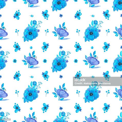 손으로 그린 수채화 파란색 꽃과 잎다발은 컵 이음매 없는 패턴으로 그려져 있습니다 흰색으로 격리되어 있습니다 섬유 패턴 직물