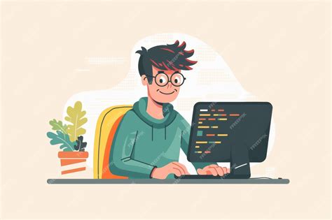 Young Male Programmer Working Computer Coding Screen Indoor Plant