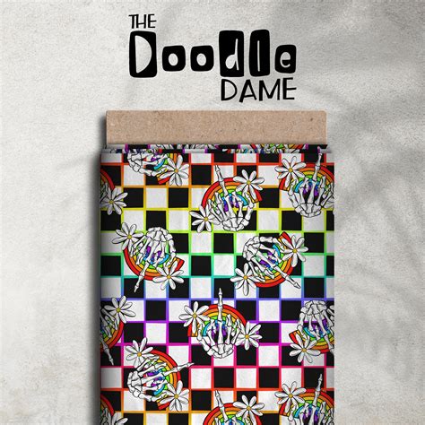 Seamless Digital Pattern NSFW Rainbow Checkered Skeleton Middle Finger With Rainbows And Daises