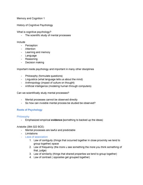Memory And Cognition 1 Memandcog1 Notes Memory And Cognition 1