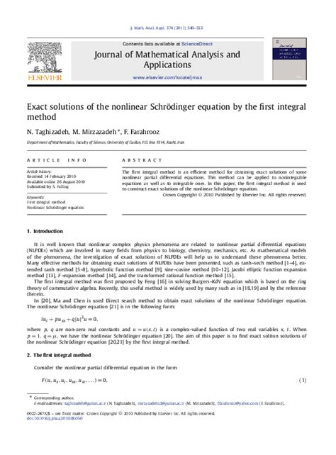 Pdf Exact Solutions Of The Nonlinear Schrödinger Equation By The First Integral Method