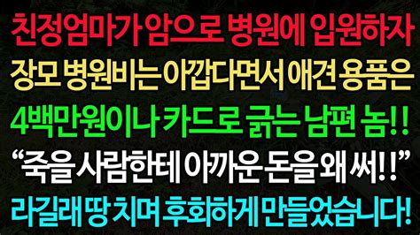 친정엄마가 암으로 병원에 입원하자 장모 병원비는 아깝다면서 애견 용품은 4백만원이나 카드로 긁는 남편 놈 죽을 사람한테 아까운 돈을 왜 써” 라길래 땅 치며 후회하게