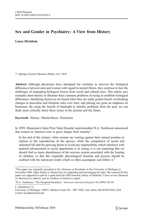 Pdf Sex And Gender In Psychiatry A View From History
