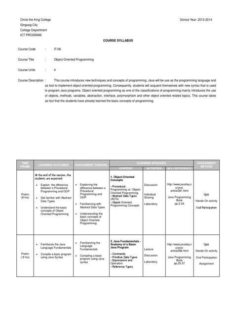 It 06 Object Oriented Programming Obe Syllabus Pdf Class