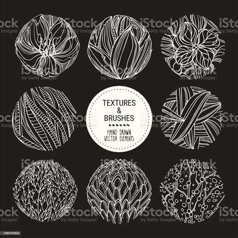 식물 손으로 그려진된 텍스처 브러쉬 스트로크 예술 디자인 서식 파일 컬렉션입니다 추상적인 벡터 클립 아트 세트 검은 배경에 고립 꽃 식물에 대한 스톡 벡터 아트 및 기타