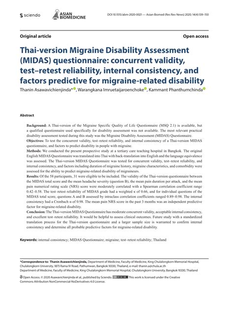 Pdf Thai Version Migraine Disability Assessment Midas Questionnaire Concurrent Validity