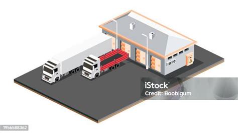 등각 투영 소형 창고 흰색 배경에 고립된 트럭이 있는 창고 보관 시설 로딩 배출 단자 등측투영법에 대한 스톡 벡터 아트 및 기타 이미지 등측투영법 벡터 트럭 Istock