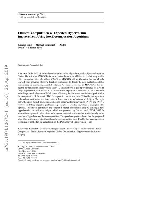 Pdf Efficient Computation Of Expected Hypervolume Improvement Using Box Decomposition Algorithms