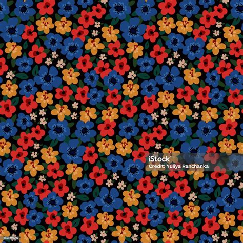 어두운 밝은 초원과 원활한 패턴 다양한 작은 꽃의 자유 구성 어두운 배경에 잎 꽃 무늬 프린트 많은 간단한 작은 꽃식물 배경 벡터 디자인 고풍스런에 대한 스톡 벡터 아트 및