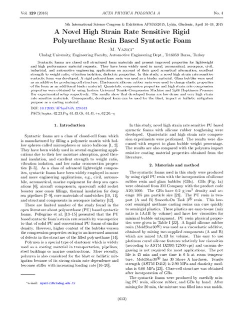 Pdf A Novel High Strain Rate Sensitive Rigid Polyurethane Resin Based Syntactic Foam