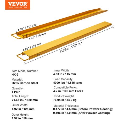 Vevor Pallet Fork Extensions 72 Length 4 5 Width Heavy Duty Carbon Steel Fork Extensions For