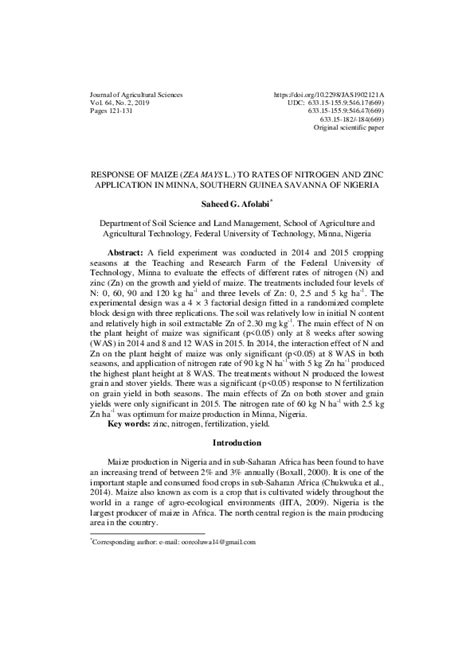 Pdf Response Of Maize Zea Mays L To Rates Of Nitrogen And Zinc