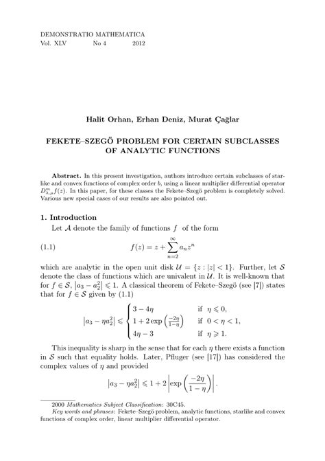 Pdf Fekete Szegö Problem For Certain Subclasses Of Analytic Functions