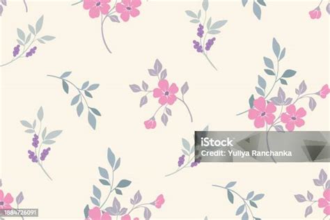 작은 꽃 가지 분홍색 파스텔 색상의 잎이 있는 원활한 꽃 패턴입니다 벡터 일러스트 레이 션 그려진 이미지입니다 0명에 대한 스톡