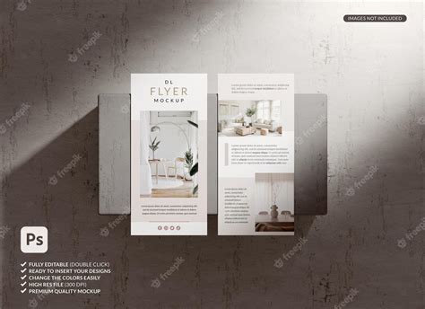 현실적인 3d 렌더링에서 디자인 프레젠테이션을 위한 구체적인 배경에 있는 두 개의 Dl 전단지 모형의 상위 뷰 프리미엄 Psd 파일