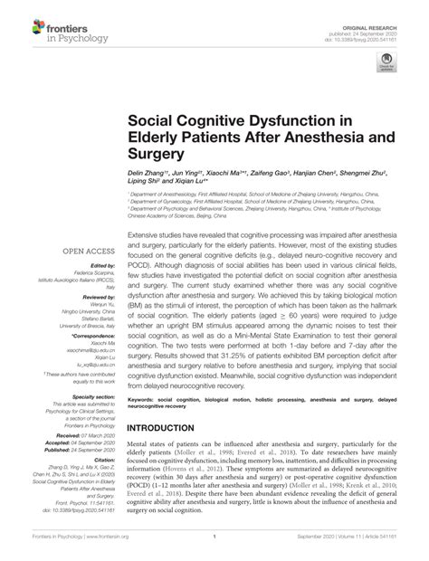 Pdf Social Cognitive Dysfunction In Elderly Patients After Anesthesia And Surgery