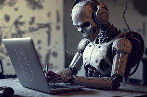3d Rendering Humanoid Robot Working With Headset And Notebook Stock