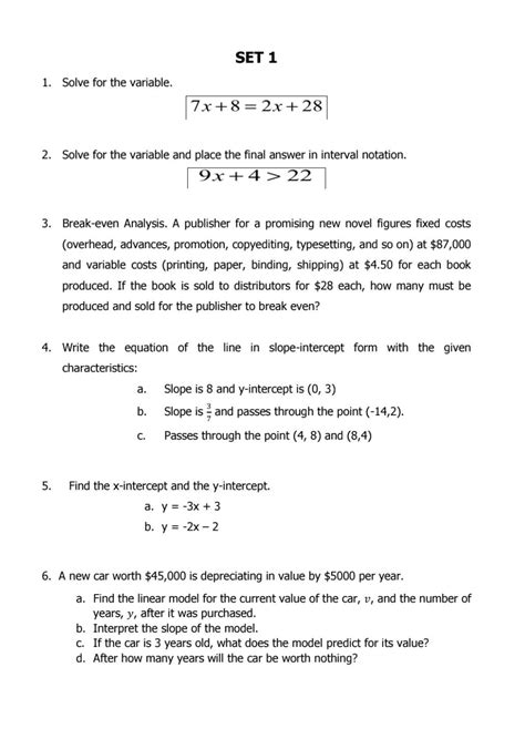 Solved Set 1 1 Solve For The Variable 7x8 2x 28 2