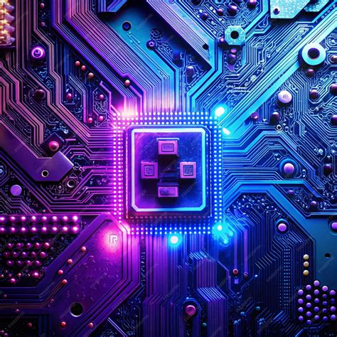 Digital Circuit Board In Neon Light Pcb Background Computer Board Motherboard With Holes