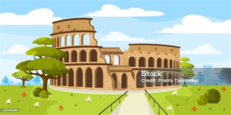 역사적인 콜로세움이있는 아름다운 여름 공원의 벡터 일러스트레이션 역사적인 건물 나무 길 꽃 및 도시를 배경으로 한 만화 도시 풍경 콜로세움에 대한 스톡 벡터 아트 및 기타