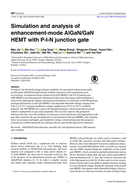 Simulation And Analysis Of Enhancement Mode Algangan Hemt With P I N Junction Gate Request Pdf