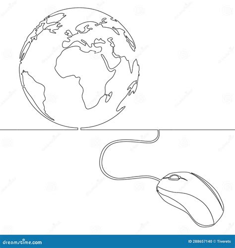 continuous line drawing computer mouse connected to a globe icon vector
