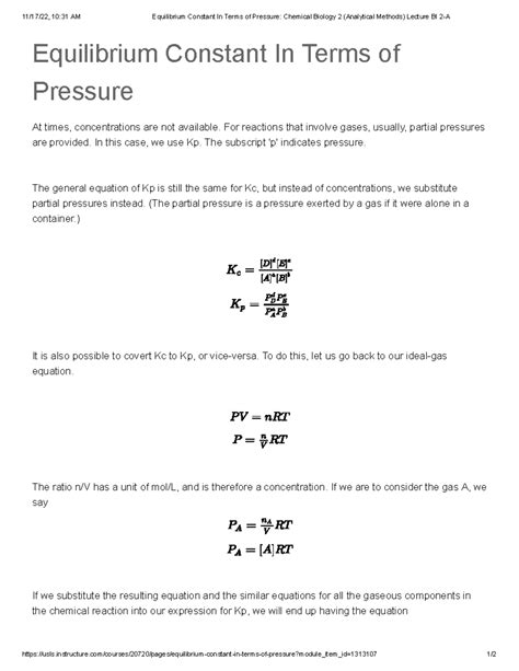 Equilibrium Constant In Terms Of Pressure Chemical Biology 2 Analytical Methods Lecture Bi 2 A
