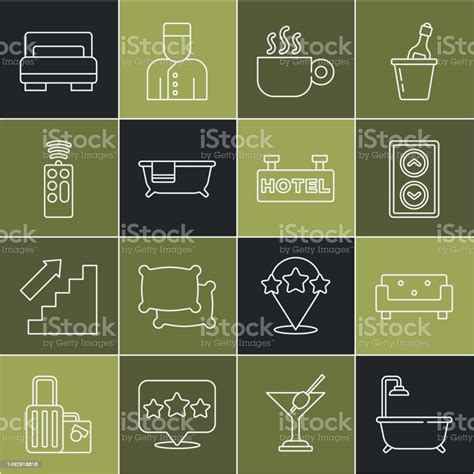 샤워기가 있는 욕조 소파 엘리베이터 커피 컵 리모콘 호텔 객실 침대 및 간판 텍스트 아이콘을 설정합니다 벡터 1위에 대한 스톡