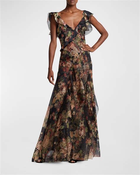 Ralph Lauren Collection Brienne Floral Ruffled Dress Neiman Marcus