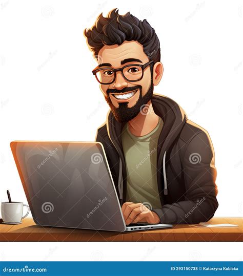 Latino Man With A Beard Working With Computer Laptop At A Desk