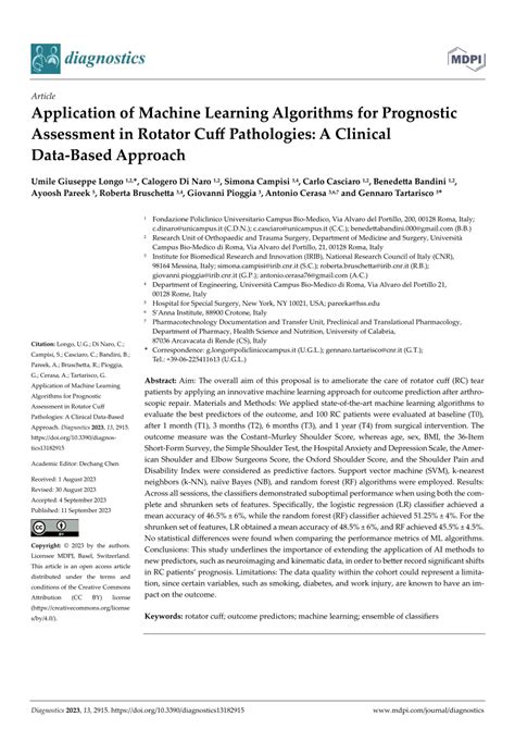 Pdf Application Of Machine Learning Algorithms For Prognostic Assessment In Rotator Cuff