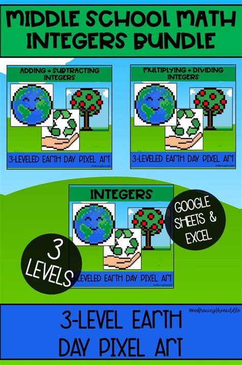 earth day themed integers pixel art bundle for 7th grade excel