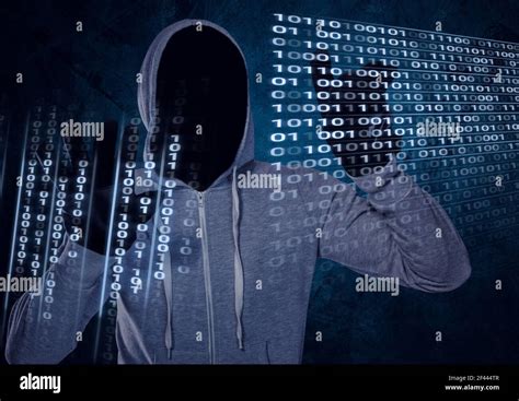 Composition Of Binary Coding Over Hacker In Hood Touching Interactive Screen Stock Photo Alamy